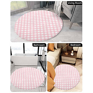 Pink Lattice Fluffy Round Area Rug Carpets 3ft, Plush Shaggy Carpet Soft Circular Rugs, Non-Slip Fuzzy Accent Floor Mat for Living Room Bedroom Nursery Home Decor Farmhouse Buffalo Plaid Checkered