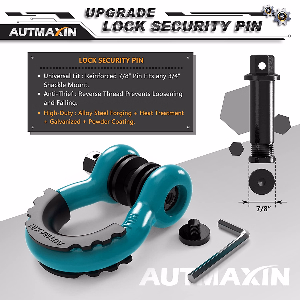 AUTMAXIN D Ring Shackles 3/4" Shackle (2 Pack) - 58,000Ibs Break Strength with 7/8" Anti-Loose Security Pin, Shackle Isolator Washer Kits for Tow Strap Winch Off-Road Vehicle Recovery, Teal