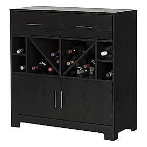 South Shore Vietti Bar Cabinet with Liquor and Wine Bottle Storage with Drawers, Black Oak with Metal Handles