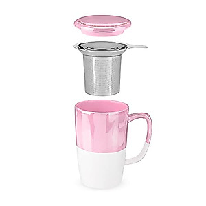 Pinky Up Delia Ceramic Tea Mug and Loose Leaf Tea Infuser, Loose Leaf Tea Accessories, Tea Tumbler Cup, Pink, 18 oz.
