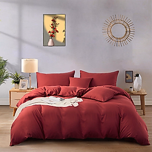 Famanti Brown Duvet Cover Bedding Set 3 Piece 100% Cotton Linen Textured Duvet Cover Breathable and Durable with Zipper Closure Corner Tie Gift for Men and Women (Red, Twin 68”×86”)