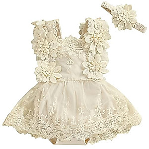 Mubineo Baby Girl Summer Clothes Lace Romper Skirt Dress Princess Outfits Sleeveless Flower Newborn Outfit (Beige, 12-18 Months)