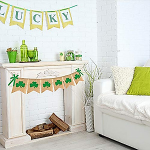 Adurself St. Patrick's Day Burlap Banner Garland Shamrock Clover Rustic Burlap Irish Lucky Day Jute Burlap Mantel Fireplace Wall Hanging for Home Irish Day Celebration St Patricks Day Decorations