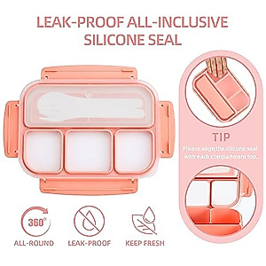 QQKO Bento Lunch Box for Adult Men Women, Toddler Kids Lunch Boxes for School Girls Boys, Lunch Containers for Adults Kids with 4 Compartments, Sauce Container, Utensils and Muffin Cups, Pink