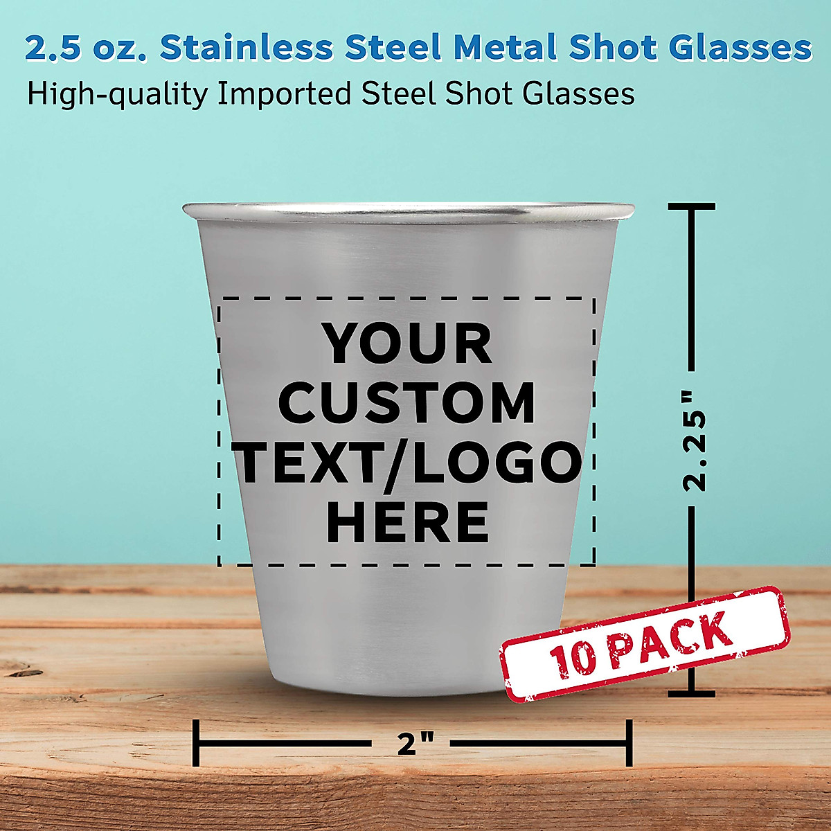 Custom Metal Shot Glasses 2.5 oz. Set of 10, Personalized Bulk Pack - Great for Weddings, Birthdays, Parties - Stainless Steel
