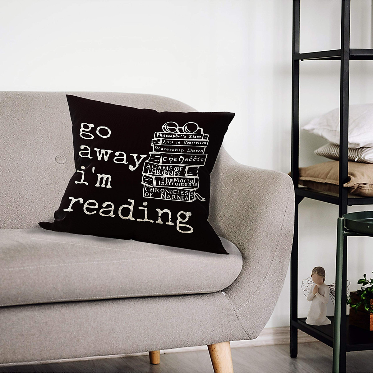 Mancheng-zi Funny Quotes Go Away I'm Reading Throw Pillow Case, Gift for Book Lover Friend, Bedroom Reading Book Club Decor,18 x 18 Inch Black Linen Cushion Cover for Sofa Couch Bed (Black)