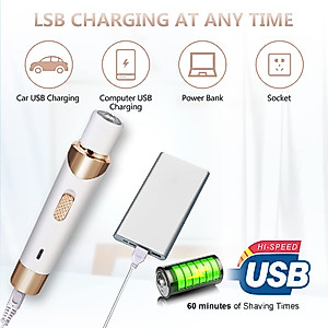 Electric Razor for Women Bikini Trimmer, MKIOVH Women's Cordless Portable 4 in 1 Painless Shaver, ​for face Legs Brows Nose Detachable Head USB Rechargeable Hair Trimmer (White)