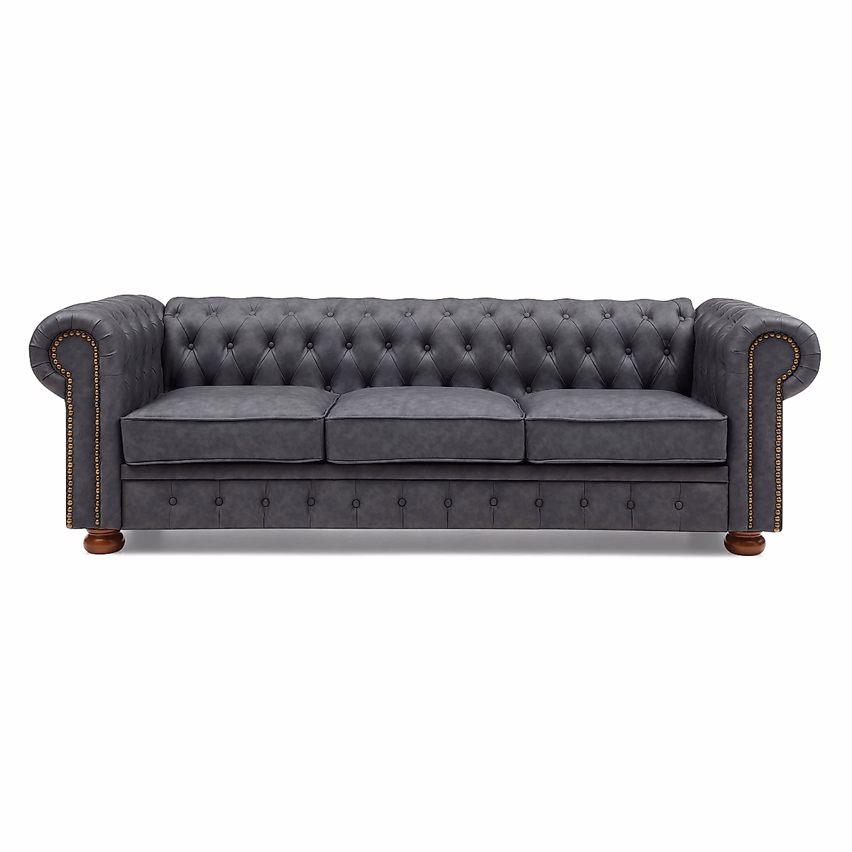 Chesterfield 3 Seater Faux Leather Sofa, Button Tufted Upholstered Couch with Nailhead Arms Removable Cushions Rubber Wood Legs for Living Room Office Apartment (Dark Gray)