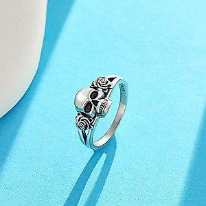 CUPENDA Skull Rings 925 Sterling Silver Gothic Skull Head with Rose Flower Statement Ring Vintage Skeleton Jewelry for Women -7