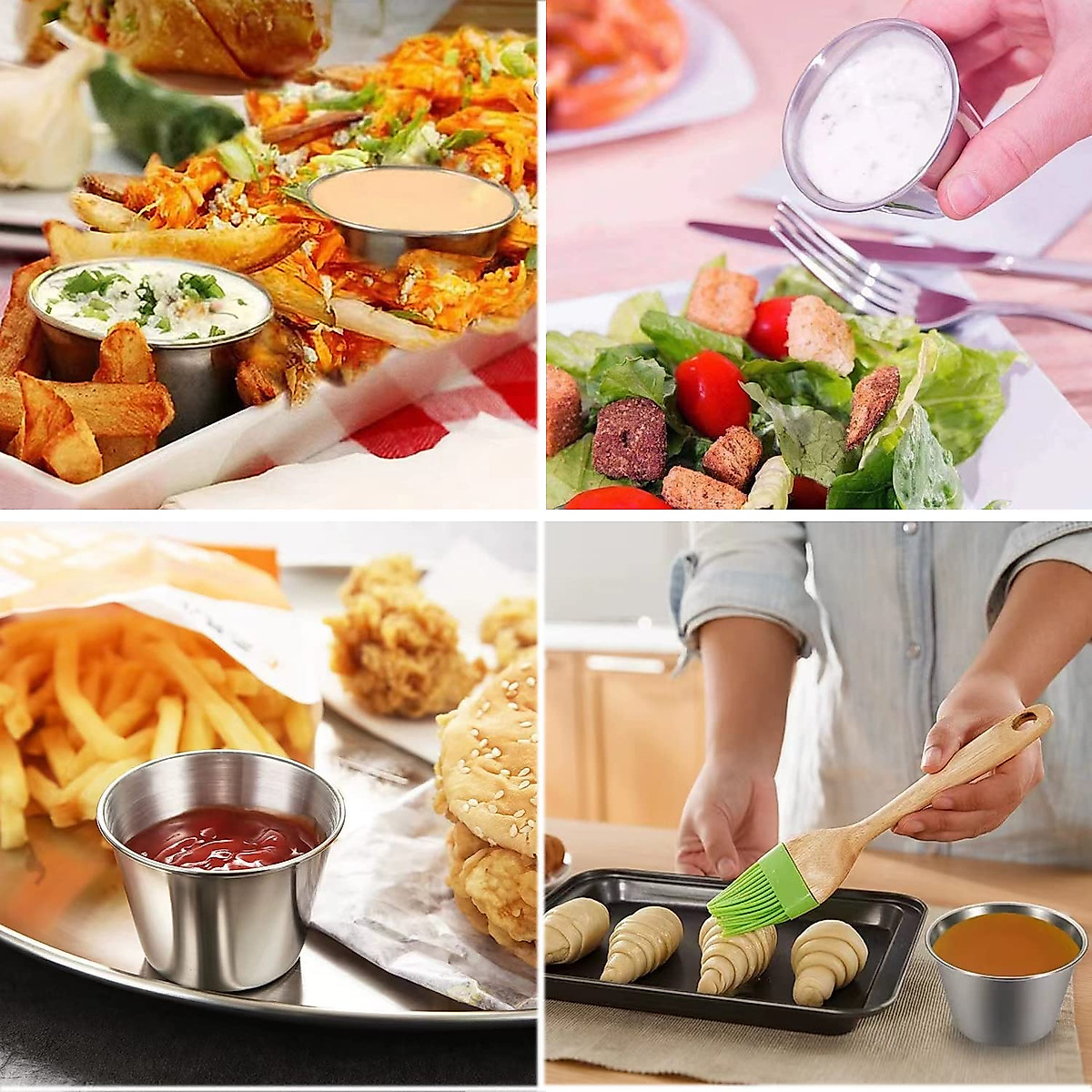 HOMMES Salad Dressing Container to Go, 6x2.4 oz Large Containers with Lids, Reusable Sauce Containers for Lunch Box, 18/8 Stainless Steel Condiment Cup, Easy to Open, Leakproof Dipping Sauce Cups