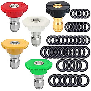CKANDAY 5 Pack Pressure Washer Spray Nozzles Tips + 40 Pcs O-Rings Replacement for 1/4 inch and 3/8 inch, 5 Degrees Nozzles 1/4 Inch Quick Connection Tips with M22 Quick Connect Coupler Set, 4000 PSI