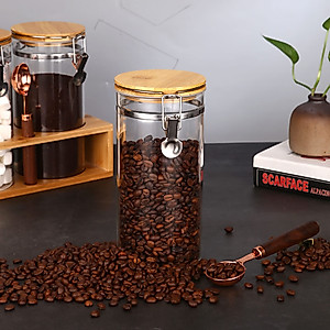 GURUDAR Glass Coffee Storage Container with Bamboo Shelf, 3PCS 49oz Airtight Sealed Coffee Bean Jar with Clamp Lid & Measuring Spoon, Kitchen Pantry Canister Set for Ground Coffee Sugar Tea Flour