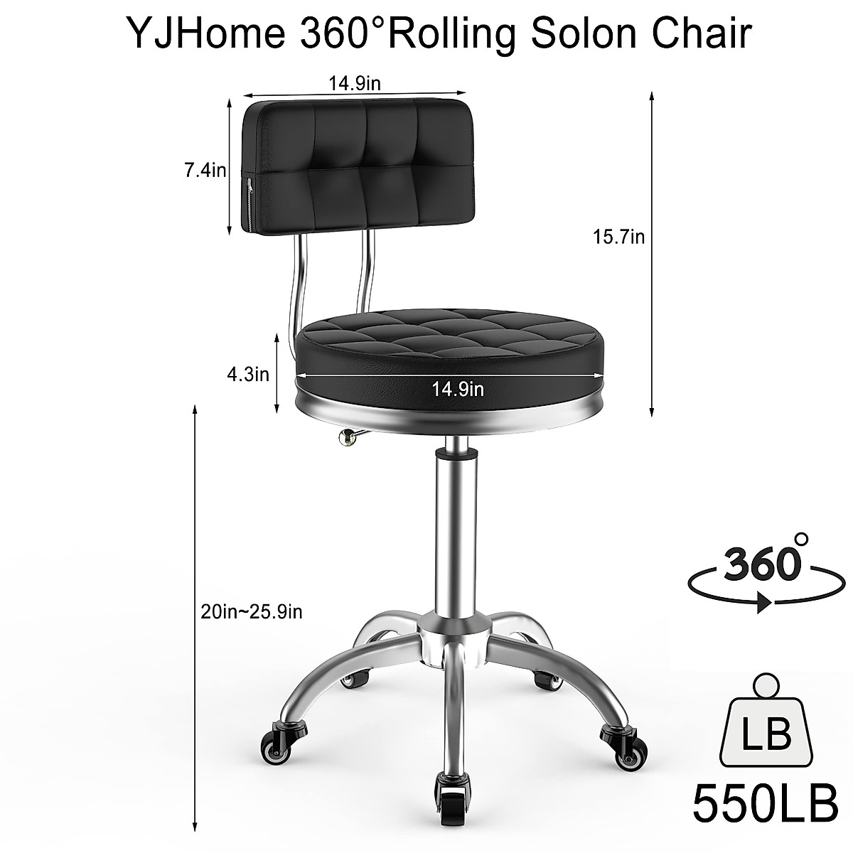 YJHome Heavy Duty 550LB Rolling Stool with Backrest Height Adjustable Stool with Wheels, Metal Salon Hydraulic Chair for Vanity Spa Guitar Desk Kitchen, Black