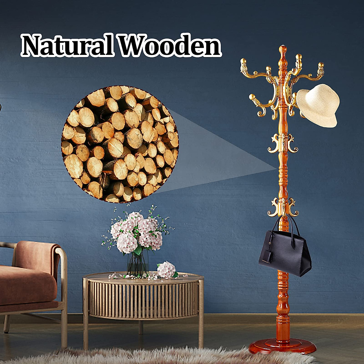 High-Grade Coat Rack Freestanding Coat Rack Stand, Wooden Coat Rack Stand with 14 Hooks, Coat Rack Wooden Tree for Coats, Hats, Bags, Purses, for Entryway Hallway Foyer Office Closet (Mahogany color)