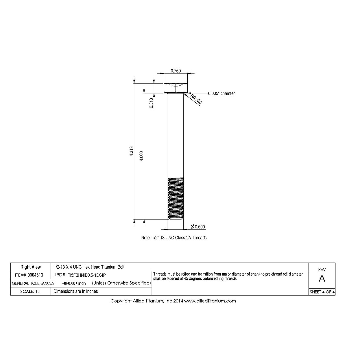 Allied Titanium 0004313, (Pack of 2) 1/2-13 X 4 UNC Titanium Hex Head Bolt, Grade 5 (Ti-6Al-4V)