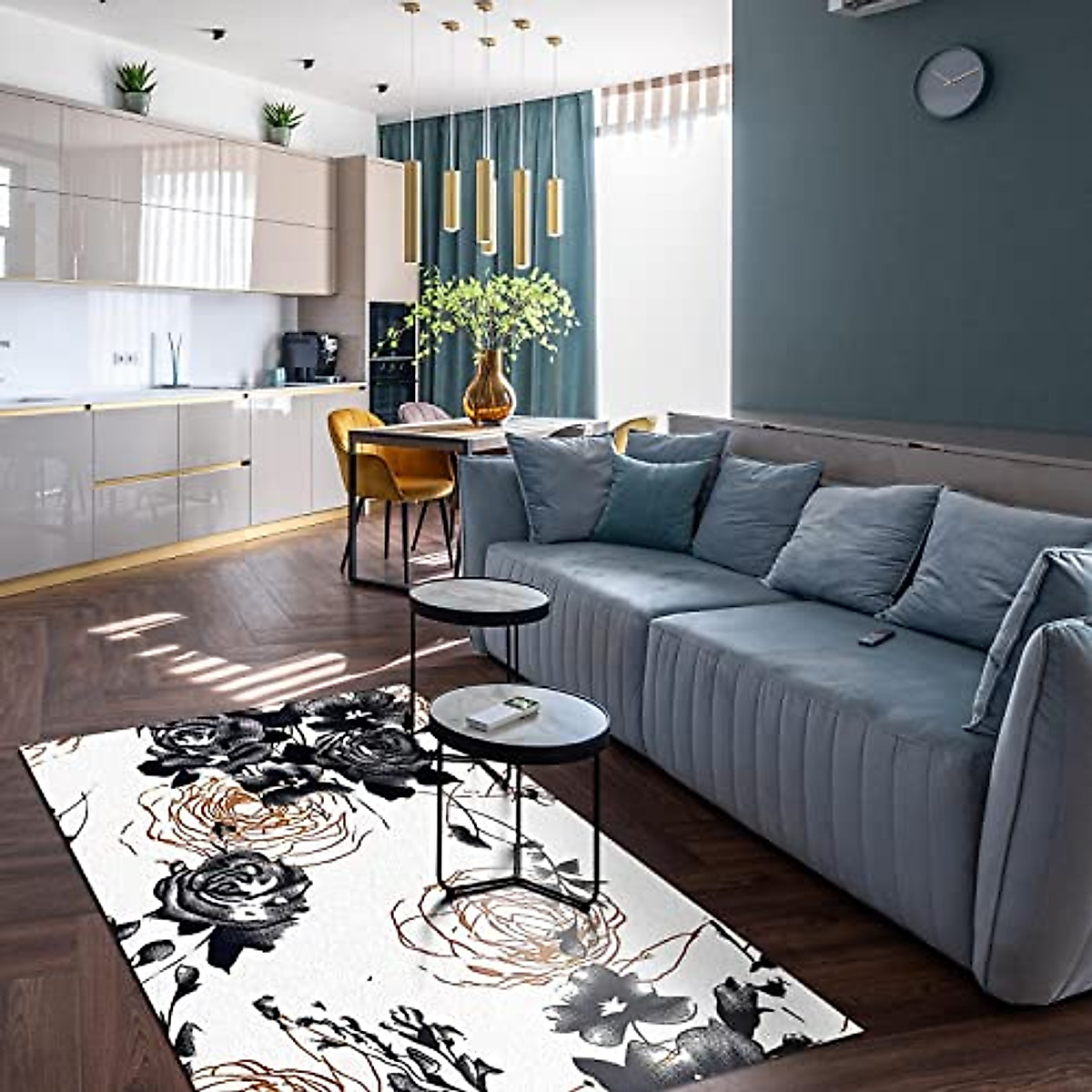 Black Metallic Rose Area Rug, Modern Minimalist Romance Indoor Non-Slip Kids Rugs, with Anti-Slip Easy Clean Carpet for Living Room Bedroom Kitchen Dining Room Home Office Floor Rug,5 x 7ft