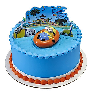 DecoSet® Despicable Me Beach Party Minions Cake Topper, 4-Piece Set with Keepsake Minion Figure, 2 Layon Picks,1 Laydown Image, Create Fun Cakes or Cupcakes, Food Safe