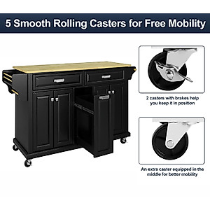 YWUFUART Solid Wood Kitchen Trolley with Storage Cabinet, Rolling Mobile Kitchen Island with Seasoning Rack and Towel Rack for Kitchen (Black)