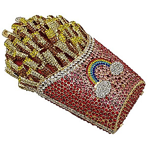Tngan Women French Fries Shape Evening Bag Rainbow Pattern Rhinestone Diamond Clutch Gemstone Metal Handbag, Red 1