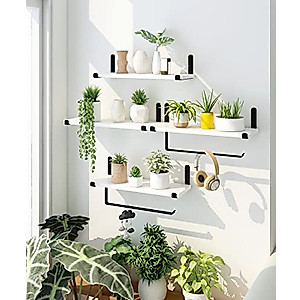 Godimerhea White Floating Shelves with Towel Holder, Modern Wall Mounted Shelf Set of 2, Neutral Wooden Storage for Wall Decorative Hanging Shelf for Bathroom, Kitchen, Living Room