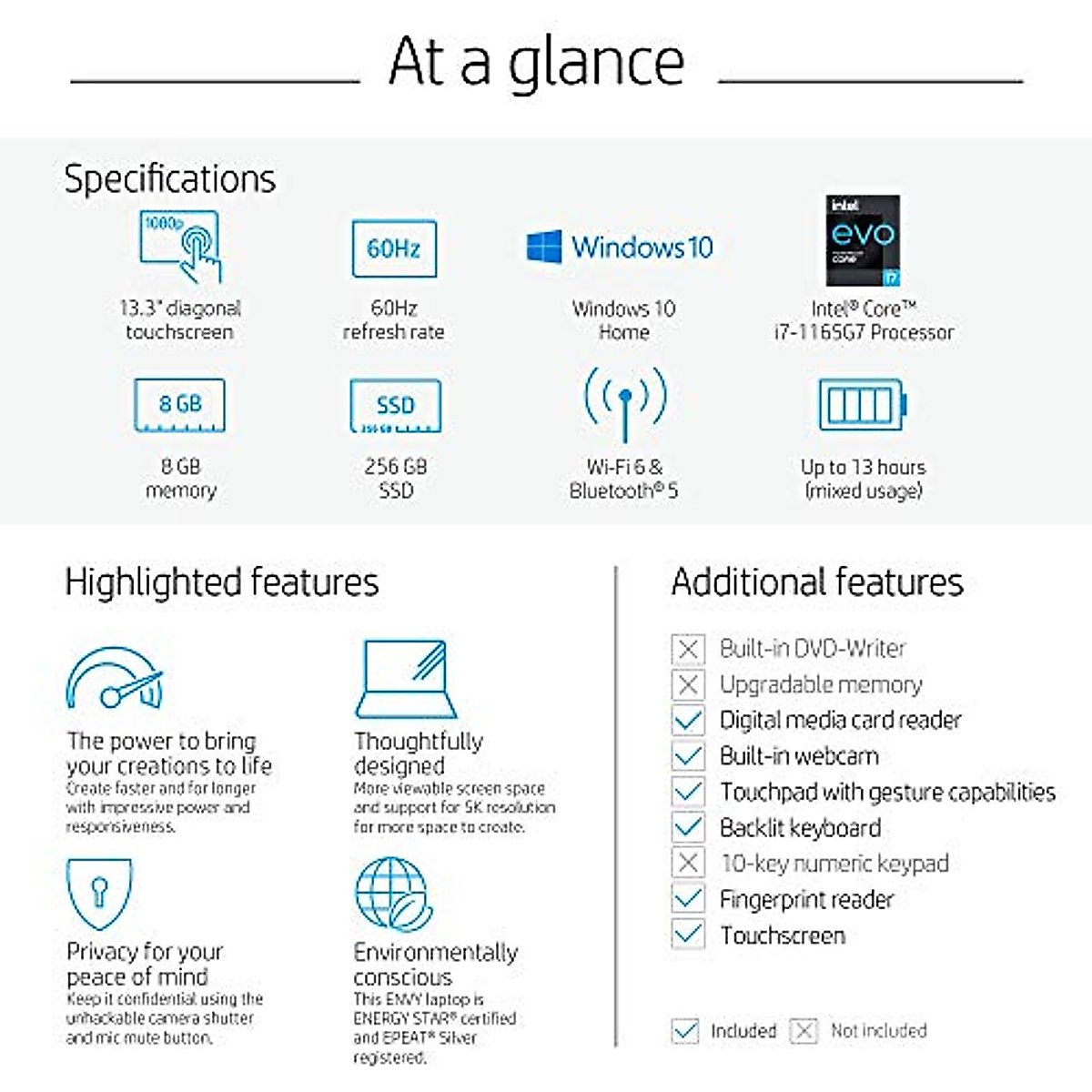 HP ENVY 13 Laptop, Intel Core i7-1165G7, 8 GB DDR4 RAM, 256 GB SSD Storage, 13.3-inch FHD Touchscreen Display, Windows 10 Home With Fingerprint Reader, Camera Kill Switch (13-ba1010nr, 2020 Model)
