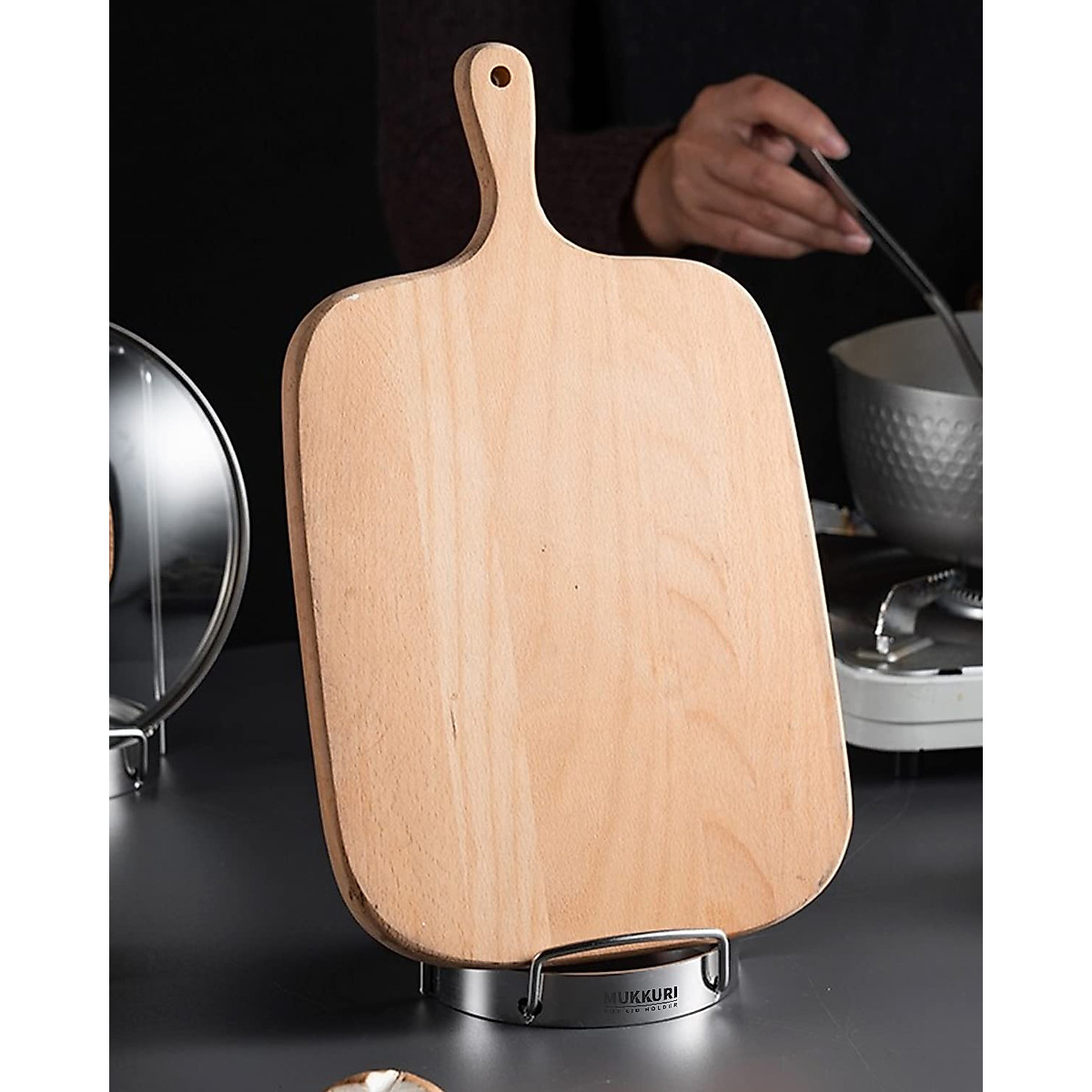 Mukkuri Pot Lid Organizer, Pot Lid Holder 304 Stainless Steel Pot Lid Stand,Lid and Spoon Rest Cutting Board Holder,Pot Lid Rack for Kitchen Utensil(Silver)