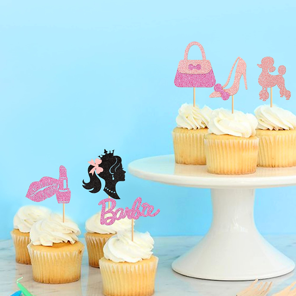 Ercadio 24 Pack Princess Cupcake Toppers Black and Pink Glitter Girls Cupcake Toppers Handbag High Heel Lipstick Cupcake Picks for Wedding Bridal Shower Girls Birthday Party Cake Decors Supplies