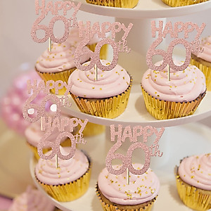 24 PCS Happy 60th Cupcake Toppers Glitter Sixty Cheers to 60 Fabulous Cupcake Picks Number 60 Birthday Cake Decorations for 60th Birthday Wedding Anniversary Retirement Party Supplies Rose Gold