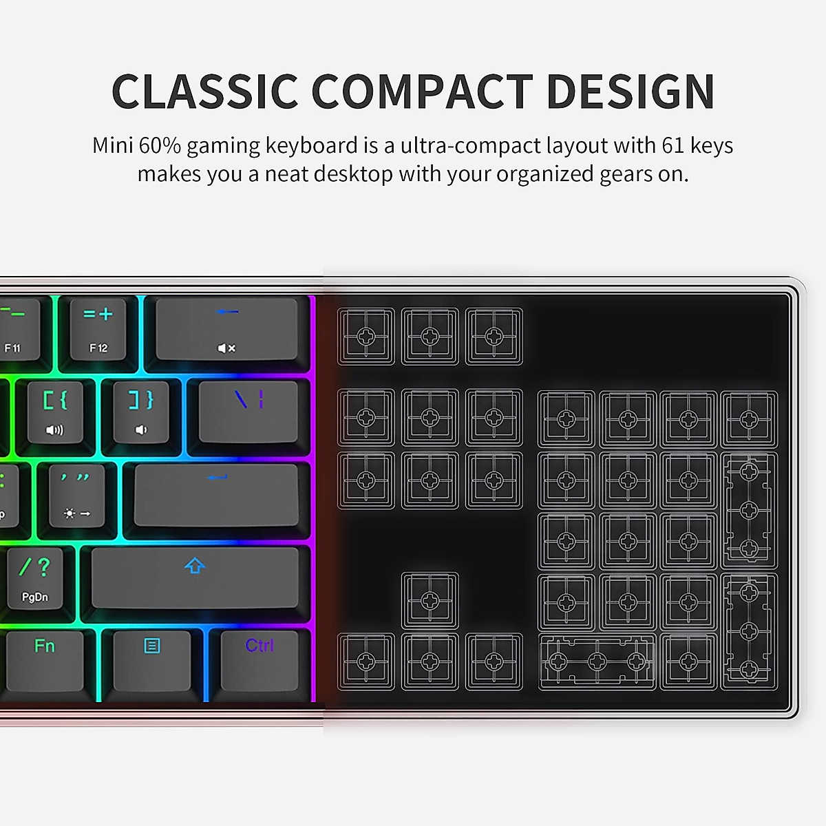 60% Mechanical Gaming Keyboard Wired 60 Percent Keyboard with LED RGB Rainbow Backlit Blue Switch for Windows PC Gaming (61 Keys, Black)