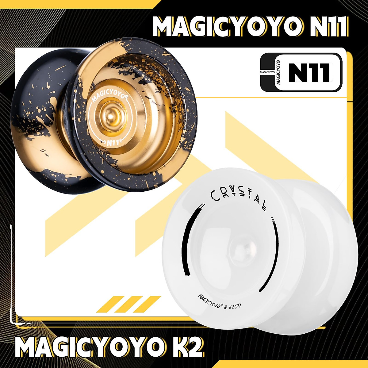 MAGICYOYO Pack of 2 Responsive Yoyos - N11 Black Golden Yoyo and K2 Snow White Fingerspin Yoyo for Kids Beginners, Dual Purpose Yoyos with Unresponsive Yoyo Bearings Kit, 2 Yoyo Bags, 12 Yoyo Strings
