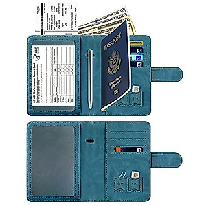 Passport Holder Cover Wallet Case Travel Essentials Passport and Vaccine Card Holder Combo Leather Travel Wallet Rfid Blocking Vacation Must Haves Travel Accessories for Men Women (2#Blue)