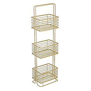 mDesign Slim Metal Wire 3 Tier Free-Standing Bathroom Shelving Unit, Small Narrow Storage Organizer Tower Rack with 3 Basket Bins - Holds Tissues, Hand Soap, Toiletries - Soft Brass