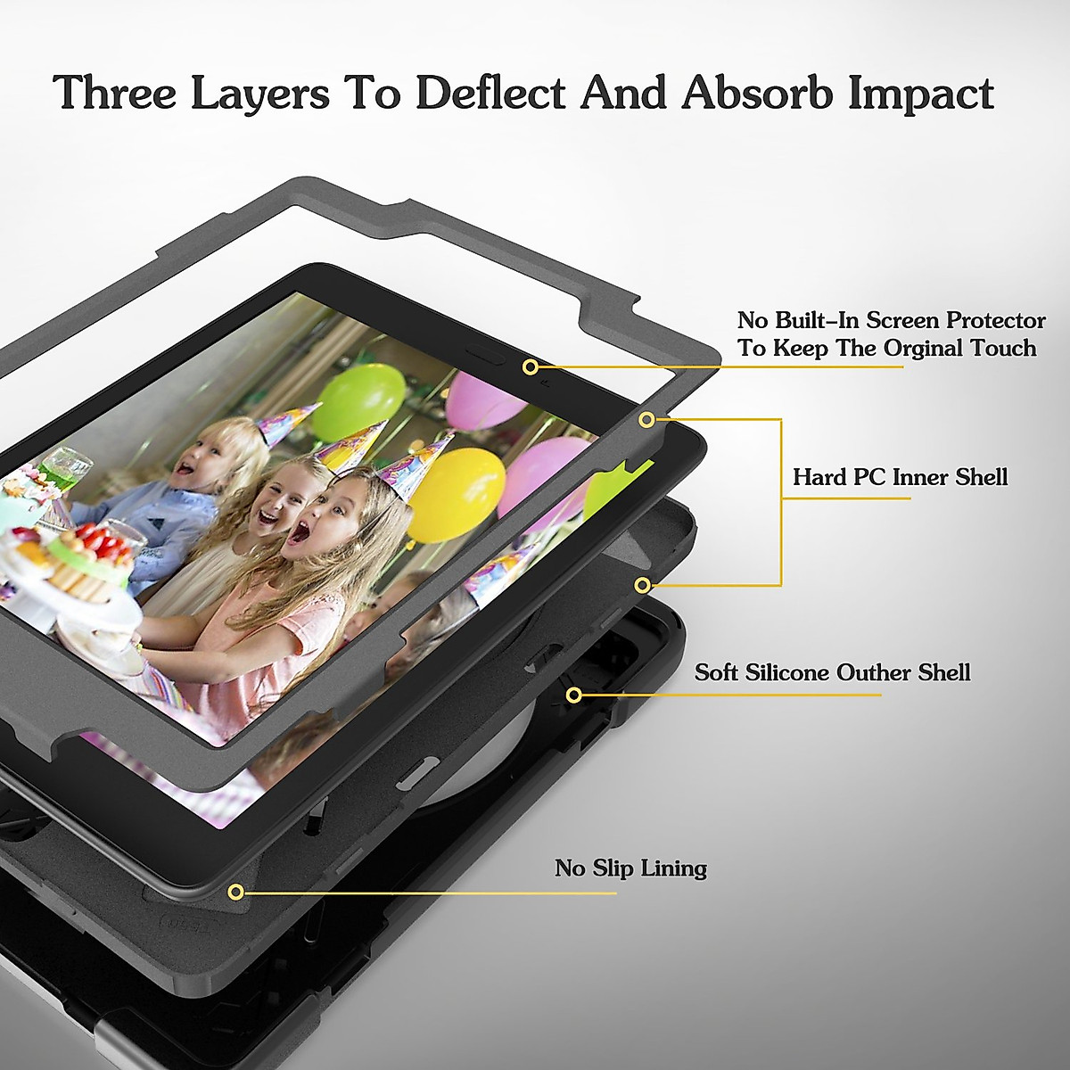 Galaxy Tab A 9.7 Case KIQ Full-Body Shock Proof Hybrid Heavy Duty Armor Protective Case for Samsung Galaxy Tab A 9.7 2015, SM-T550 with Kickstand and Screen Protector (Shield Black)