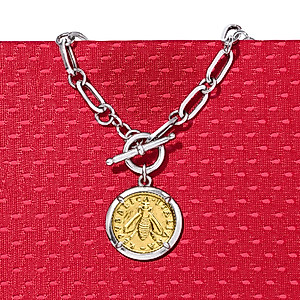 Ross-Simons Italian Sterling Silver and 18kt Gold Over Sterling Replica Bumblebee Lira Coin Paper Clip Link Toggle Necklace 20 inches