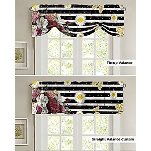 Tie Up Valance Curtains Blooming Flowers Gold Butterfly Gardon Kitchen Cafe Valances for Windows,Rod Pocket Adjustable Balloon Window Shades for Living Room Bathroom Black White Stripe,1 Panel