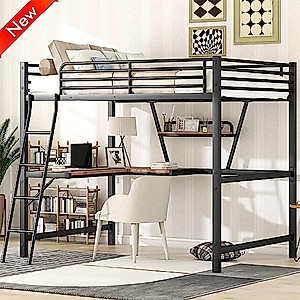 ZORQ Upgraded Version & Stronger Steel Loft Bed Full Size with Desk Underneath and Storage Shelf and Safer Ladder, Thickened More Rust-Resistant Metal Full Loft Bed Frame (Easier to Assemble) (Black)