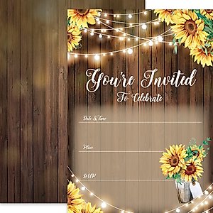 AnyDesign Rustic Sunflower Fill-in Party Invitations, 25 Sets with 25 Envelopes, Suitable for Birthday, Baby Shower, Wedding, Bridal Shower, Rehearsal Dinner, Anniversary, etc.