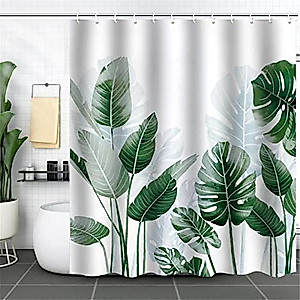 Palm Leaves Shower Curtain Sets with Non-Slip Rugs, Toilet Lid Cover and Bath Mat, Waterproof Bathroom Decor Leaf Palm Tree Shower Curtains with 12 Hook