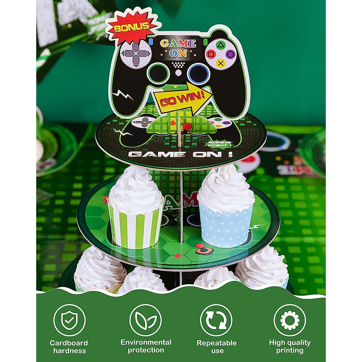 WERNNSAI Video Game Cupcake Stand - 3-Tier Gaming Party Decorations for Boys Cardboard Cupcake Holder Round Serving Tray Stand Dessert Tower Video Game Theme Birthday Party Supplies