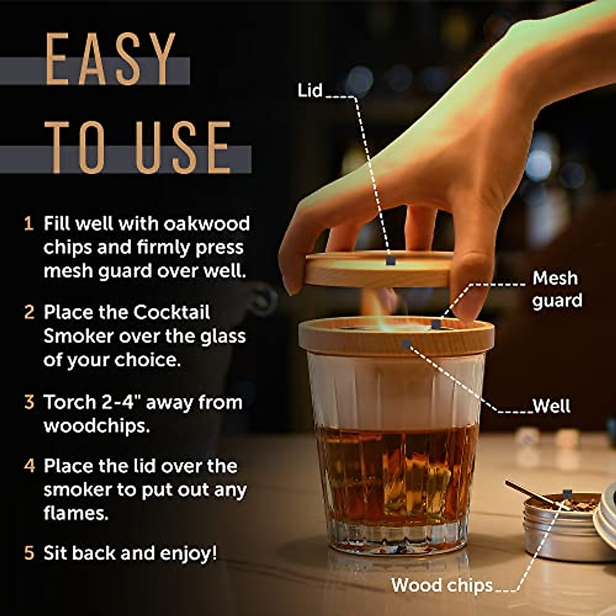 Wood-Fired Cocktail Smoker - Bring a New Dimension of Flavor to Your Cocktails - Small, Compact Design, Great for Bar Carts - Oak Chips Included