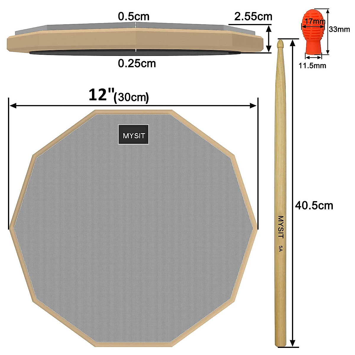 MySit 12-Inch Drum Practice Pad and Sticks Set With 2pcs Silicone Drumstick Mute Tips, Double Sided Silent Snare Drum Pads With 5A Drum Sticks & Storage Bag for Real Feel Practice Drumming-Grey
