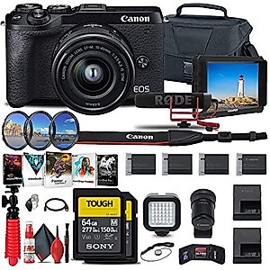 Canon EOS M6 Mark II Mirrorless Digital Camera with 15-45mm Lens and EVF-DC2 Viewfinder (Black) (3611C011) + 4K Monitor + Pro Mic + 2 x 64GB Tough Card + Case + Filter Kit + More (Renewed)