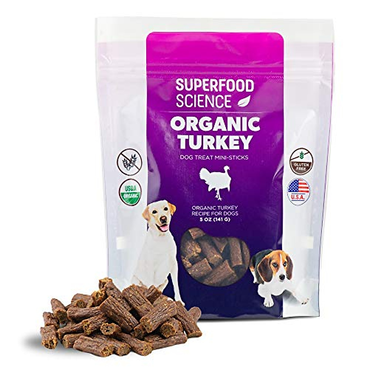 Superfood Science All Natural Organic Turkey Dog Treats with Healthy Human Grade Ingredients, Made in USA, Gluten-Free Training & Rewarding Snacks for Small, Medium, and Large Dogs, 5 Oz, Mini Sticks