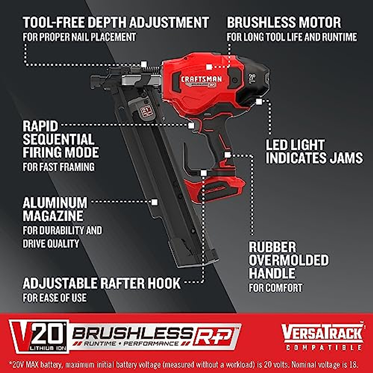 CRAFTSMAN V20 Cordless Framing Nailer, Nail Gun, 21 Degree, up to 3-1/4 inch Nails, Bare Tool Only (CMCN621PLB)
