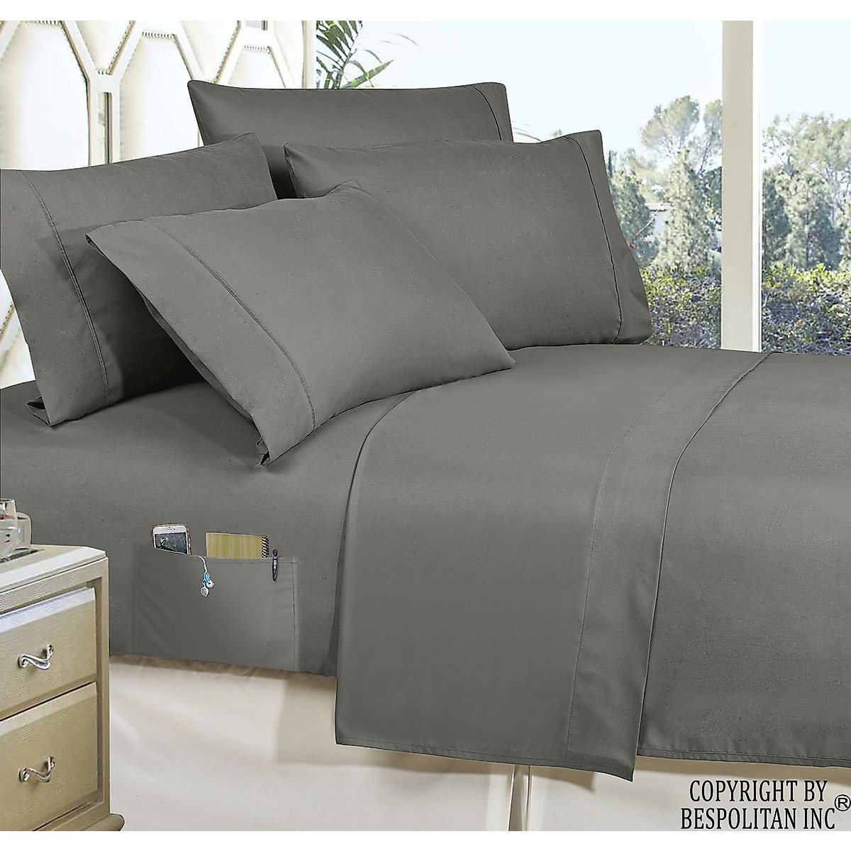 Elegant Comfort Luxury Best, Softest, Coziest 8-Piece Bed-in-a-Bag Comforter Set on Amazon Silky Soft Complete Set Includes Bed Sheet Set with Double Sided Storage Pockets, Full/Queen, Gray