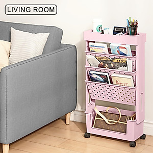 yeavs 5-Tier Mobile Bookshelf, Rolling Bookcase Book Storage Rack, Movable File Folder Organizer Cart with Wheels for Home Study Office Living Room Classroom, Pink