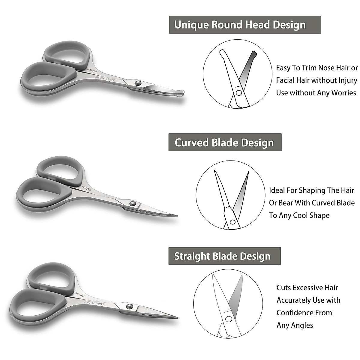 PAFASON Stainless Steel Mustache Beard Facial Nose Hair Trimming Scissor Set with Safety Cover and Leather Pouch Grey
