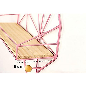 Metal Wall Floating Shelf Hanging Shelf Wall Decor Shelving Storage Organizer with 3 Hooks Heart Shaped Shelf Wall Storage Shelves for Farmhouse,Bedroom,Living Room, Kitchen,Bathroom Decor (Pink)