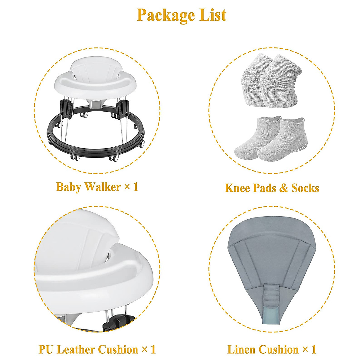 Baby Walker for Boys and Girls, Foldable Toddler Round Walker with Adjustable Height, Detachable Seat Cover and Mute Anti-Rollover Baby Walker, Suitable for Height 65-88cm