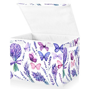 MFTJYO Storage Bin with Lid Purple Lavender Butterfly Foldable Storage Box Washable Fabric Storage Cubes Bin Organizer Basket Closet for Home Bedroom Closet Nursery Office